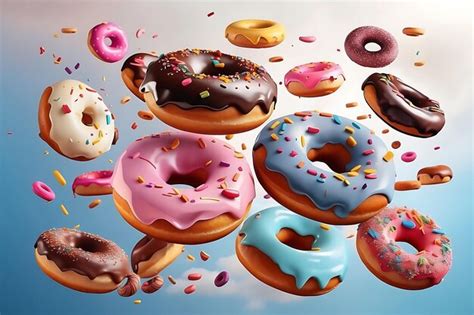 Premium Photo Flying Doughnuts Scene Mix Of Multicolored Sweet Donuts With Sprinkle On Blue