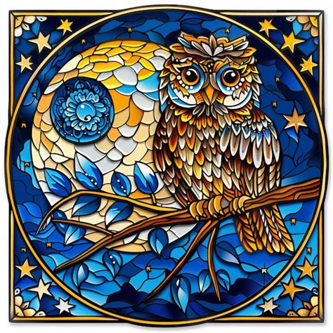 A Close Up Of A Stained Glass Picture Of An Owl On A Branch Generative