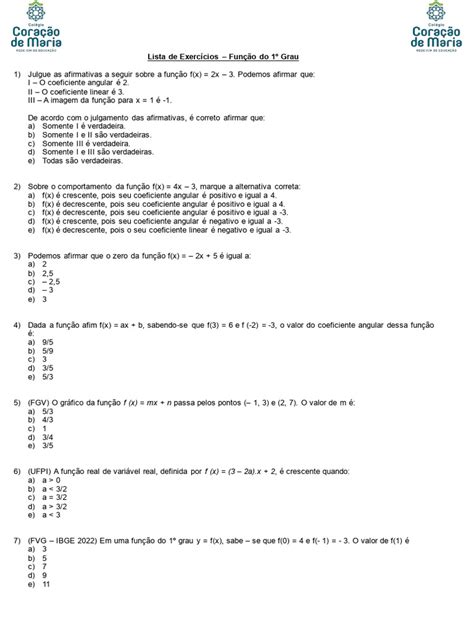 Exercícios Sobre Função Do 1º Grau Pdf Carro