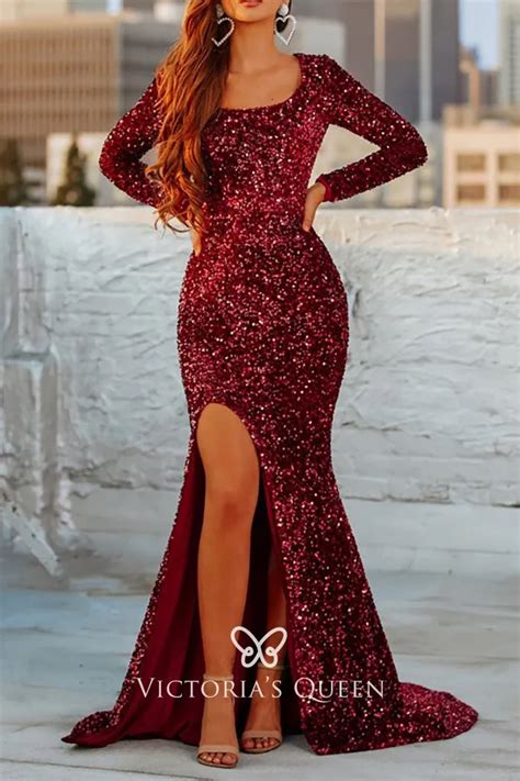 Burgundy Sequin Dress Long Sleeve Dresses Images 2024