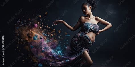 Elegant Dramatic Pregnant Woman Dancing With A Flowing Dress Backlighting Generative Ai Stock