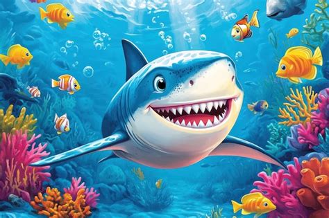 A Friendly Great White Shark Smiles In The Coral Reef Premium Ai