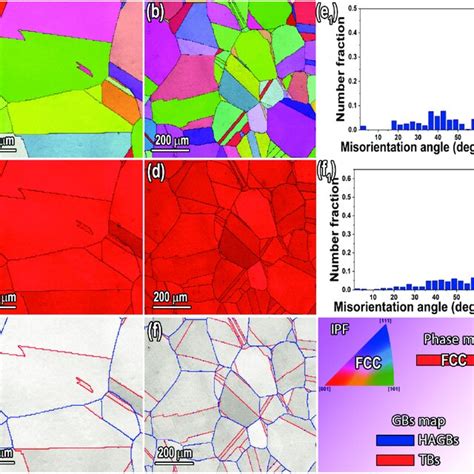 ebsd ipf phase map grain boundaries map and misorientation angle of