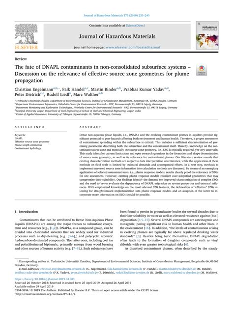 Pdf The Fate Of Dnapl Contaminants In Non Consolidated Subsurface Systems Discussion On The
