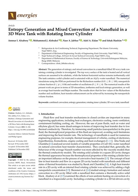 Pdf Entropy Generation And Mixed Convection Of A Nanofluid In A 3d Wave Tank With Rotating