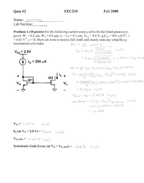 Analog Circuit Design Quiz 2 Solutions Eec 210 Docsity