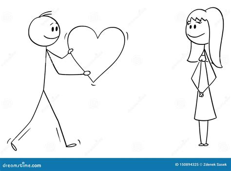Vector Cartoon Of Man Or Boy In Love Giving Big Romantic Heart To Woman