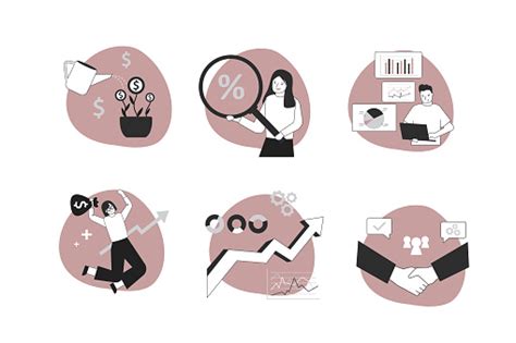 금융 아이콘 집합입니다 금융 목표 뮤추얼 펀드 돈 버는 것과 수익 간단한 아이콘 투자자 및 사업가 주식 시장에 투자하는 사람들 캐릭터 리스크 관리 경제에 대한 스톡 벡터