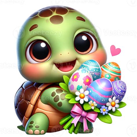 Cute Turtle Holding Colorful Easter Eggs And Flowers Easter Clipart