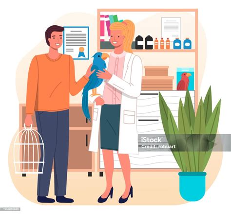 수의학 케어 플랫 일러스트 수의사 우만은 의료 사무실에서 앵무새와 남자를 만난다 가공의 인물에 대한 스톡 벡터 아트 및 기타 이미지 가공의 인물 개념 구도 Istock
