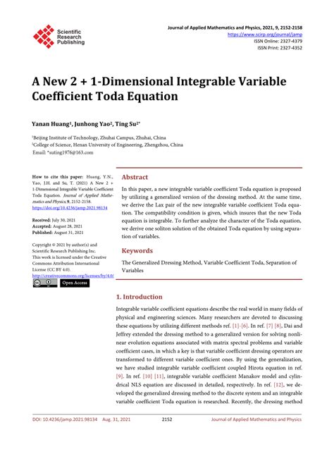 Pdf A New 2 1 Dimensional Integrable Variable Coefficient Toda Equation