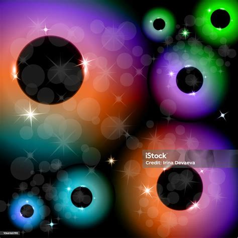 벡터 일러스트 레이 션의 밝은 색 원과 고리를 강조 하 고 어두운 배경에 불꽃 네온 빛 효과 화려한 마술 배너입니다 0명에 대한 스톡 벡터 아트 및 기타 이미지 Istock