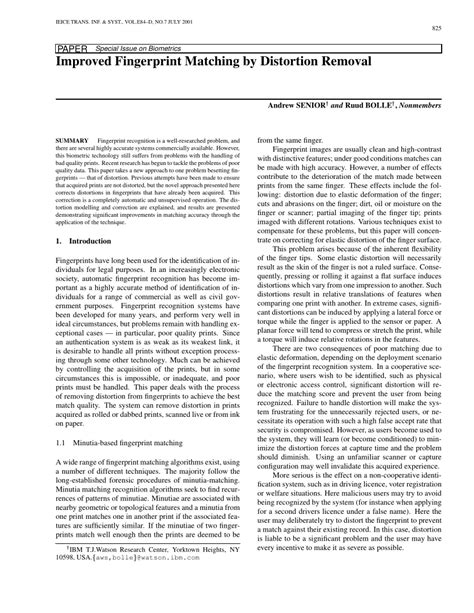 Pdf Improved Fingerprint Matching By Distortion Removal