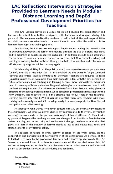 Lac Reflection Notes Lac Reflection Intervention Strategies Provided To Learners Needs In