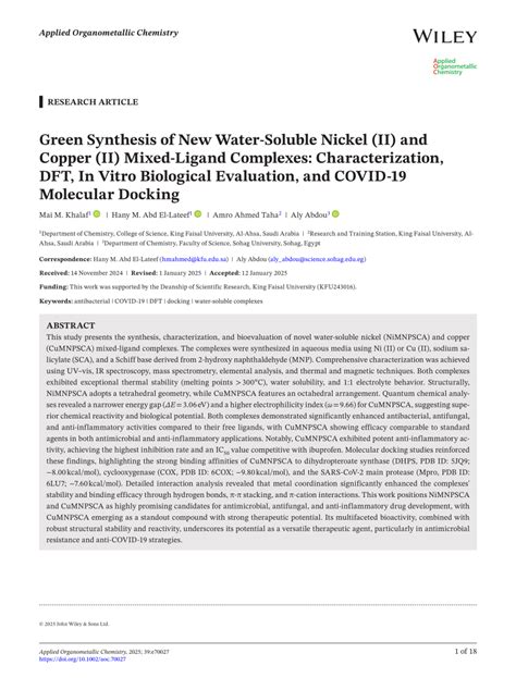 Green Synthesis Of New Water‐soluble Nickel Ii And Copper Ii Mixed‐ligand Complexes
