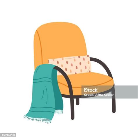 담요와 장식용 베개가있는 현대적인 안락 의자 하이게 스타일의 아늑한 현대적인 편안한 가구 손으로 그린 벡터 일러스트 레이 션 가구에 대한 스톡 벡터 아트 및 기타 이미지