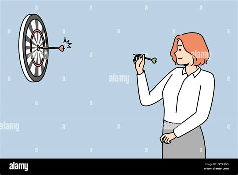 Girl Throwing Darts At Target At Wall Businesswoman Aiming Arrow At Round Goal Successful