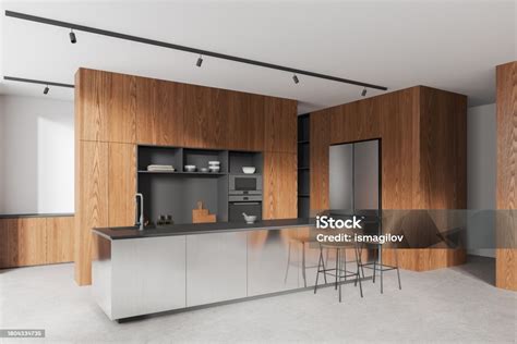 바 아일랜드와 선반 및 냉장고가 있는 현대적인 홈 키친 인테리어 0명에 대한 스톡 사진 및 기타 이미지 0명 3차원 형태 가구 Istock