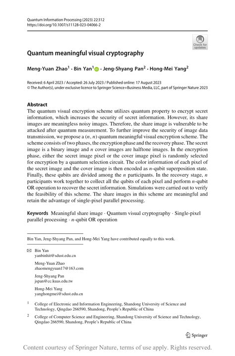 Quantum Meaningful Visual Cryptography Request Pdf