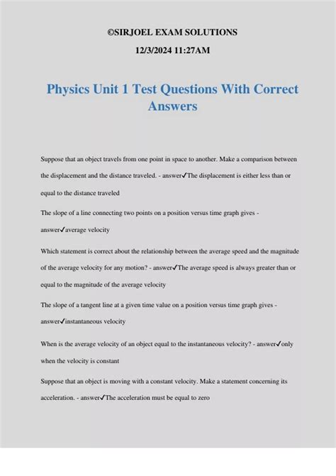 Physics Unit 1 Test Questions With Correct Answers Physics Stuvia Us