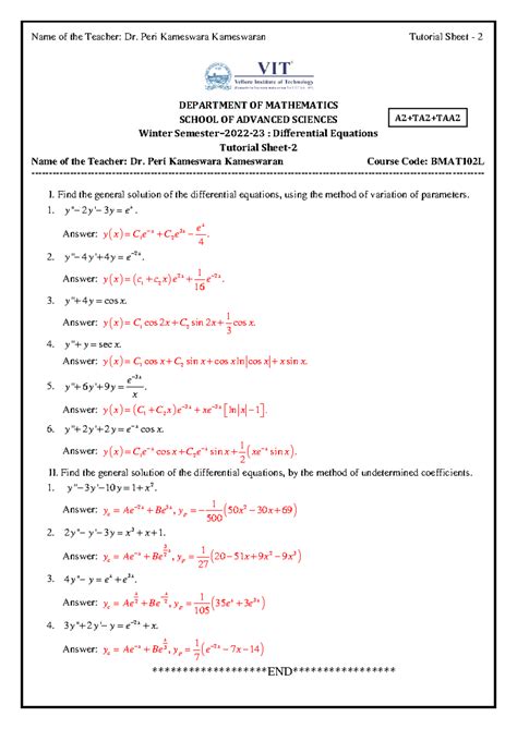 3 The Particular Integral By Method Of Undetermined Coefficients 21 02 2023 Name Of The