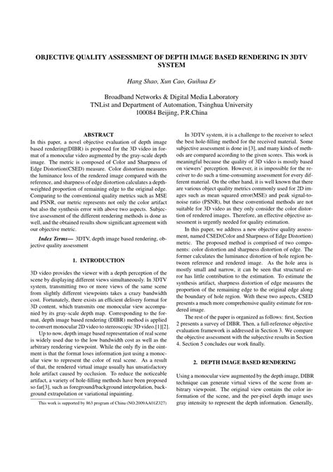 Pdf Objective Quality Assessment Of Depth Image Based Rendering In 3dtv System