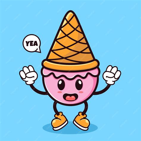 귀여운 만화 아이스크림 행복하고 승리 프리미엄 벡터