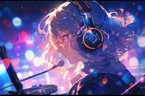 Premium Photo Anime Girl With Headphones And A Microphone In Front Of