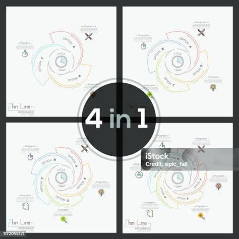 중심 가는 선 기호 및 텍스트 상자를 중심으로 소용돌이치는 3 4 5 및 6 개의 나선형 요소가있는 4 개의 원형 차트 집합입니다 최신 인포그래픽 디자인 템플릿 단면도에