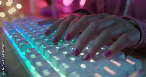 Teenage Girl Hands Typing On Keyboard Gamer Girl Playing Online Game Typing Messages Browsing