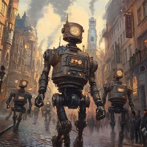 Robot Revolution In A Steampunk City Clockwork Robots Demanding