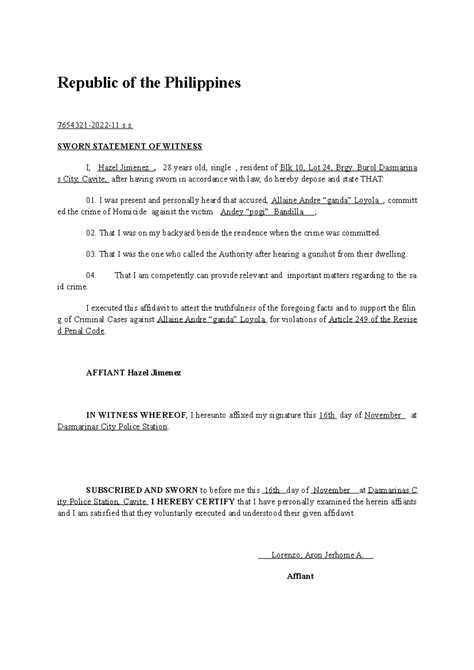 Witness Sw Sworn Statement Sample Format Provided By Our Dear