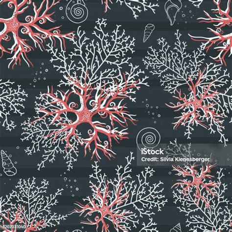 손으로 그린 산호 원활한 패턴 조개와 산호와 수중 테마 배경 섬유 배너 배경 화면 포장에 대한 좋은 벡터 디자인 고대비에 대한