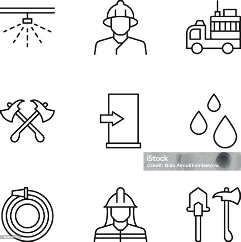선 스타일로 그려진 벡터 격리 표지판 모음입니다 편집 가능한 획 샤워 소방관 소방차 도끼 비상구 드롭 삽 물 방울의 아이콘 경계 표지에 대한 스톡 벡터 아트 및 기타 이미지