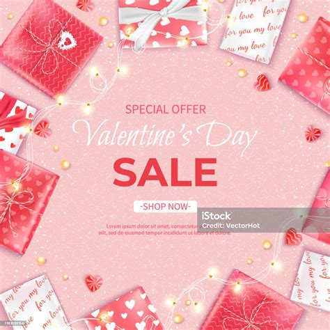 특별 제공 발렌타인 데이 세일 할인 전단지 큰 계절 세일 화환 사탕 색종이 구슬 선물 상자 심장 모양웹 배너 아름다운 배경 개성 개념에 대한 스톡 벡터 아트 및 기타 이미지