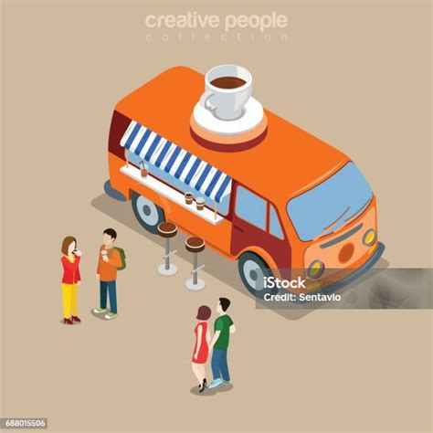 커피숍 카페 행복 한 히피 밴에 레스토랑 거리 비스트로 패스트 푸드 평면 3d 아이소메트리 아이소메트릭 개념 웹 벡터 일러스트 레이 션 크리에이 티브 사람들이 컬렉션입니다