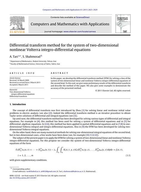 Pdf Differential Transform Method For The System Of Two Dimensional Nonlinear Volterra Integro