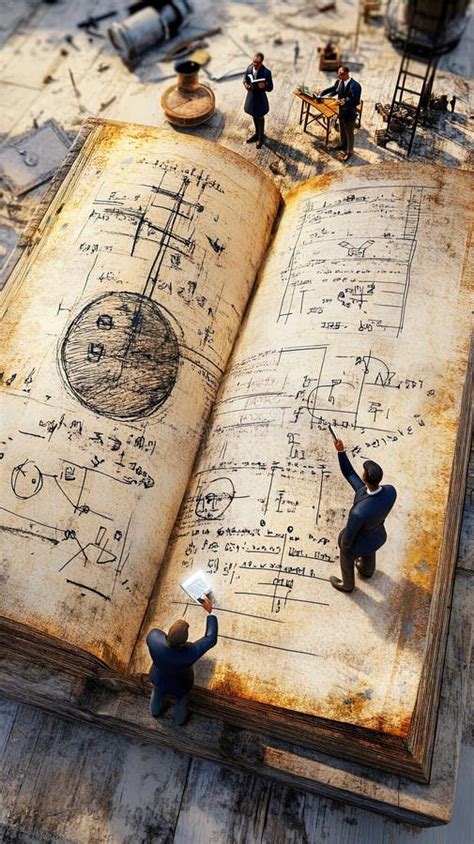 Researchers Analyzing An Old Technical Book With Sketches And Equations