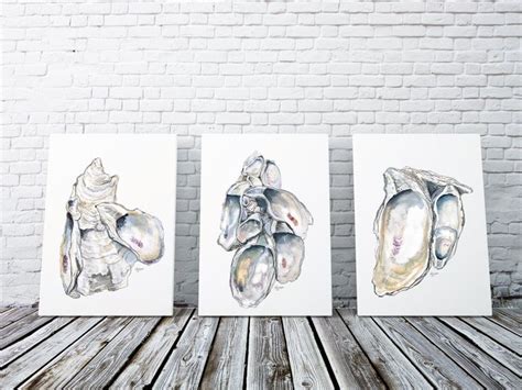 Earth Tone Wall Art Set Coastal Watercolor Oyster Print Discounted