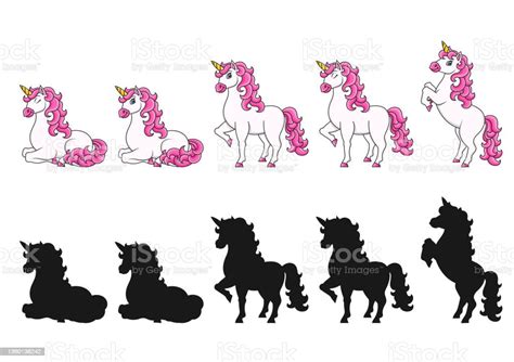 귀여운 유니콘 마법의 요정 말 만화 캐릭터 블랙 실루엣 다채로운 벡터 일러스트레이션 흰색 배경에 격리 디자인 요소입니다 귀여운에 대한 스톡 벡터 아트 및 기타 이미지