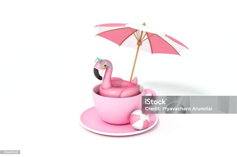 핑크 플라밍고 플로트 열대 조류 모양풍선 수영장 링은 흰색 배경 3d 렌더링에 핑크 커피 컵에 떠있습니다 3d 일러스트 여름과 여행 최소한의 개념 비치 파라솔에 대한 스톡