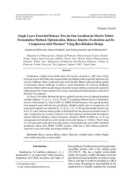 Pdf Single Layer Extended Release Two In One Guaifenesin Matrix