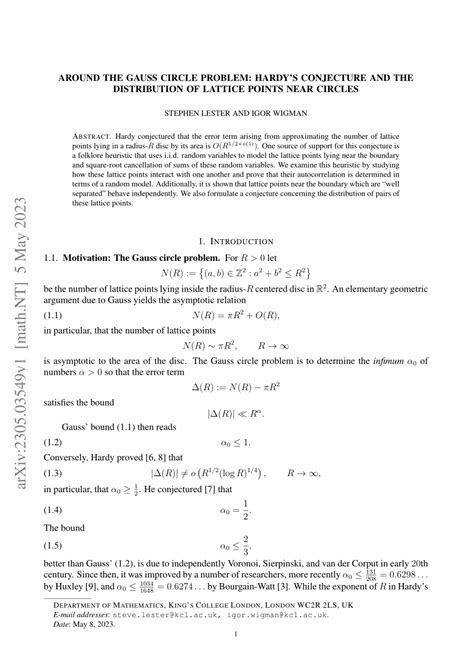 Pdf Around The Gauss Circle Problem Hardys Conjecture And The Distribution Of Lattice Points