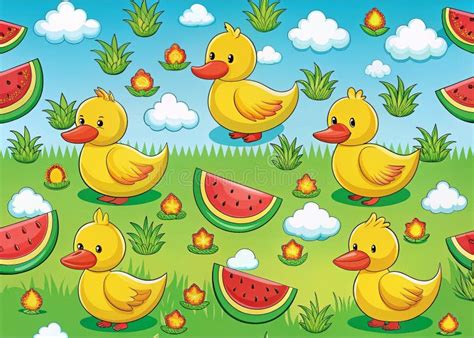 Adorable Cartoon Ducks Delight In A Summer Watermelon Paradise A