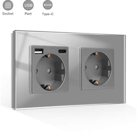 Розетка электрическая 2 поста с Usb Type C портами 3 1a и розеткой Eu 220 цвет серый 1шт
