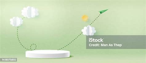 녹색 배경에 흰색 현실적인 3d 실린더 받침대 연단 제품 디스플레이 프리젠 테이션 최소한의 장면 종이 컷 스타일 벡터 일러스트 레이 션 강단에 대한 스톡 벡터 아트 및 기타