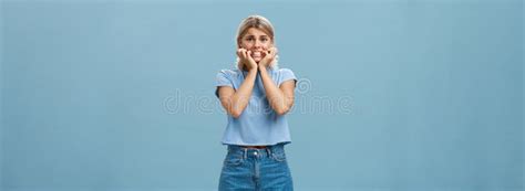 Attractive Adult Girl Scared Dad Knows Her Secret Standing Over Blue