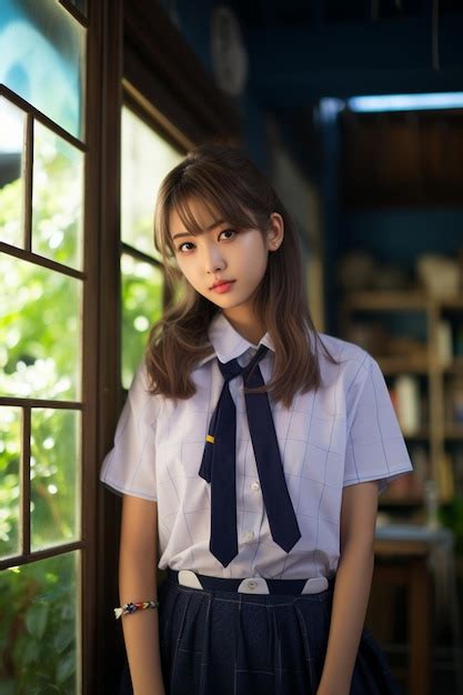 Retrato De Una Hermosa Chica Japonesa Con Cabello Hasta Los Hombros Vestida Con Uniforme Escolar
