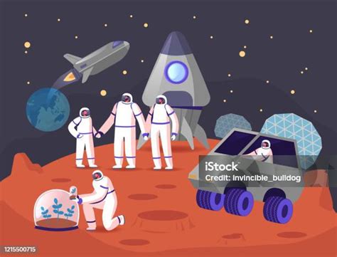 화성 식민지 개념 붉은 행성 표면에 우주 비행사 가족 문자입니다 로켓 근처 우주복을 입은 아버지와 아이 유리 돔 밑에 새싹을