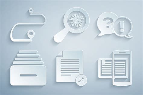 파일 문서 서비스 질문 및 느낌표 문서와 서랍 스마트 폰 책 돋보기 아래 미생물 및 경로 위치 아이콘을 설정합니다 벡터